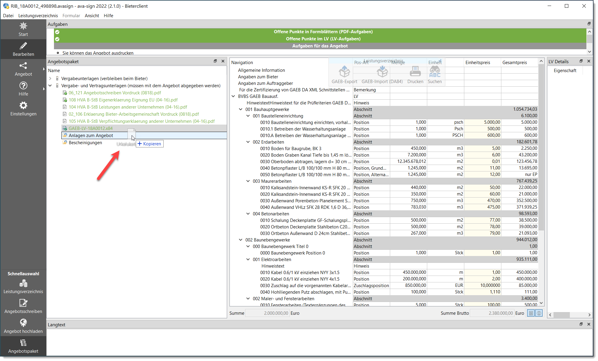Urkalkulation mit abgeben